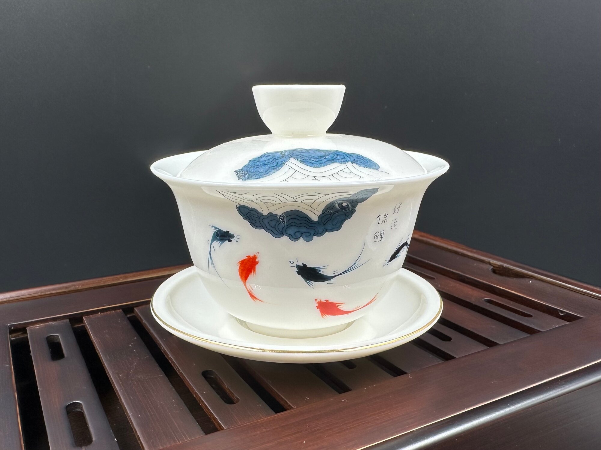 Гайвань "Синие и красные карпы", фарфор, 200мл. Для китайской чайной церемонии