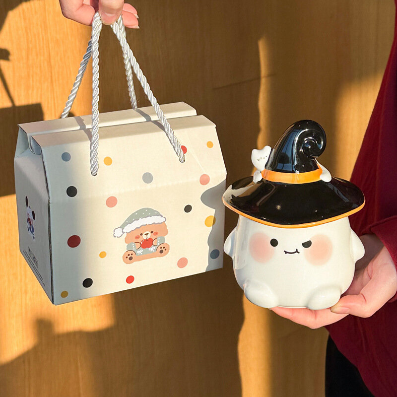 Милая керамическая кружка с привидением на Хэллоуин для девочек, с крышкой и ложкой, кружка для кофе для офисной пары, подарочный набор.