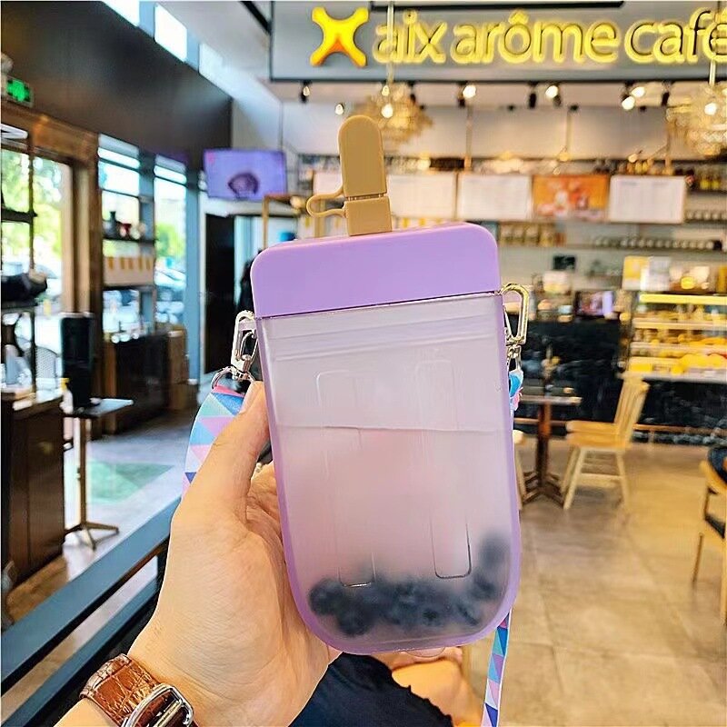 Элегантно-фиолетовый Стакан с трубочкой Пластиковый 300мл Устойчивый к теплу Не протекает Ударопрочный с ремешком для