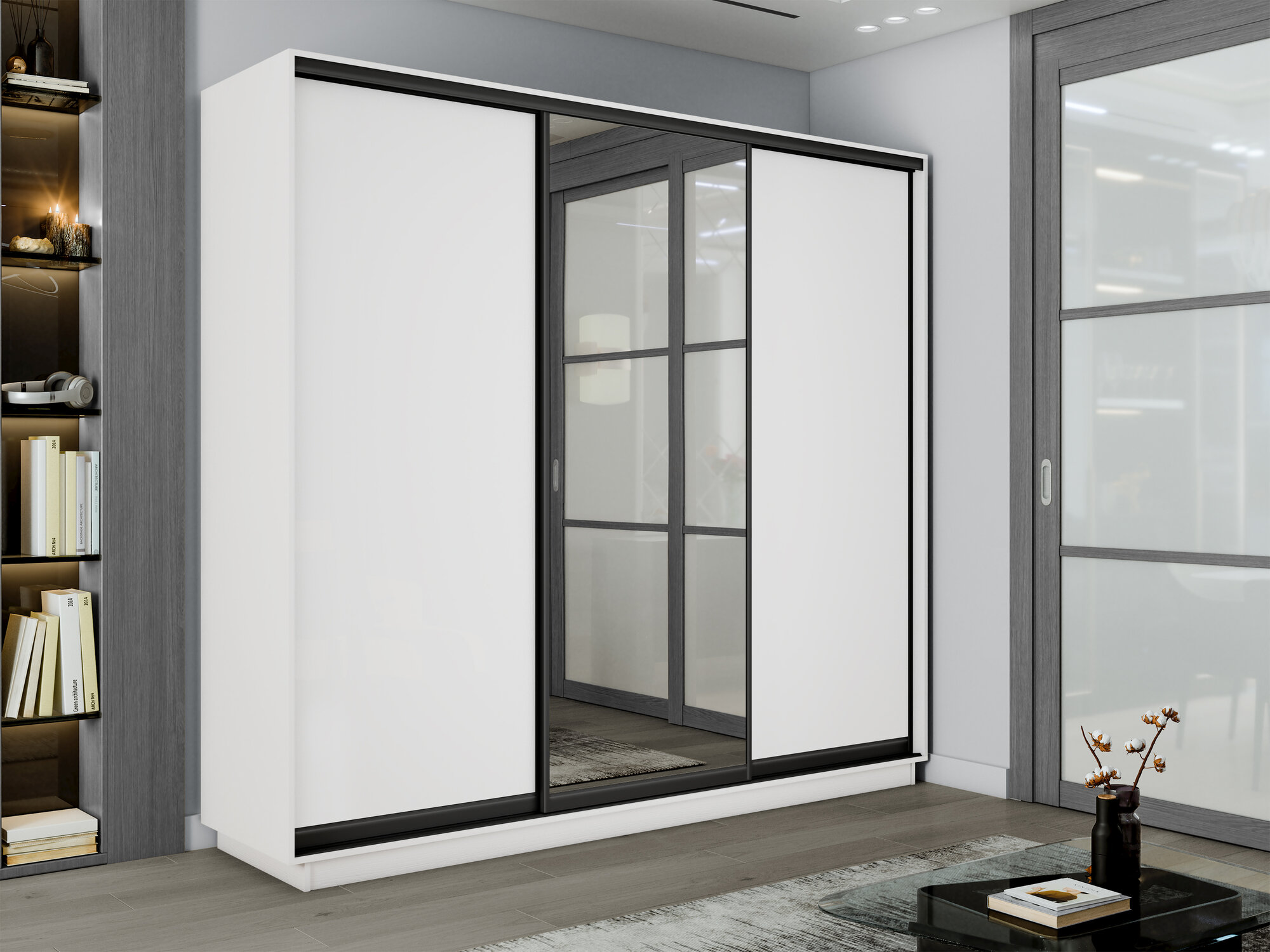 Шкаф купе Вилли 3-х дверный ЛДСП с зеркалом, профиль черный 240 см х 220 см х 60 см (Белый снег)