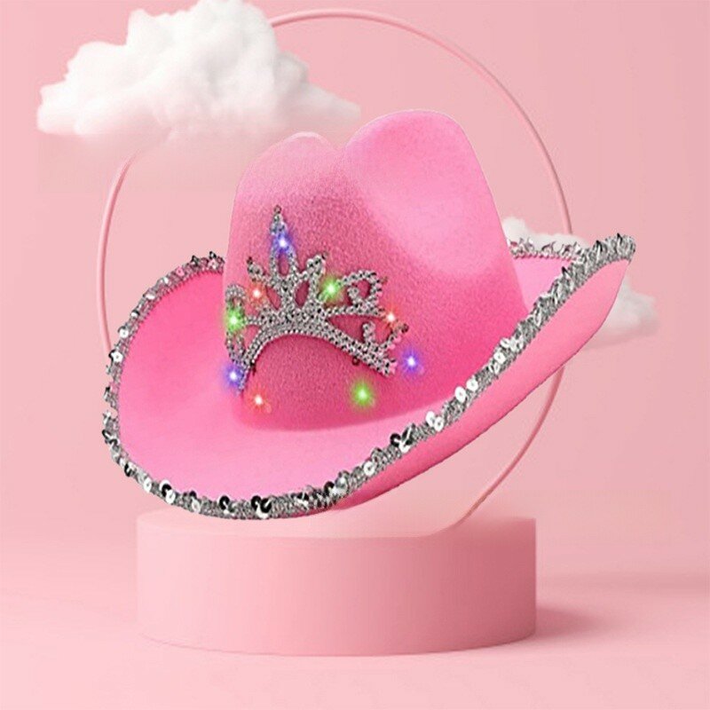 Cowboy hat pink denim with feather edge for costume party and gift for friends style g