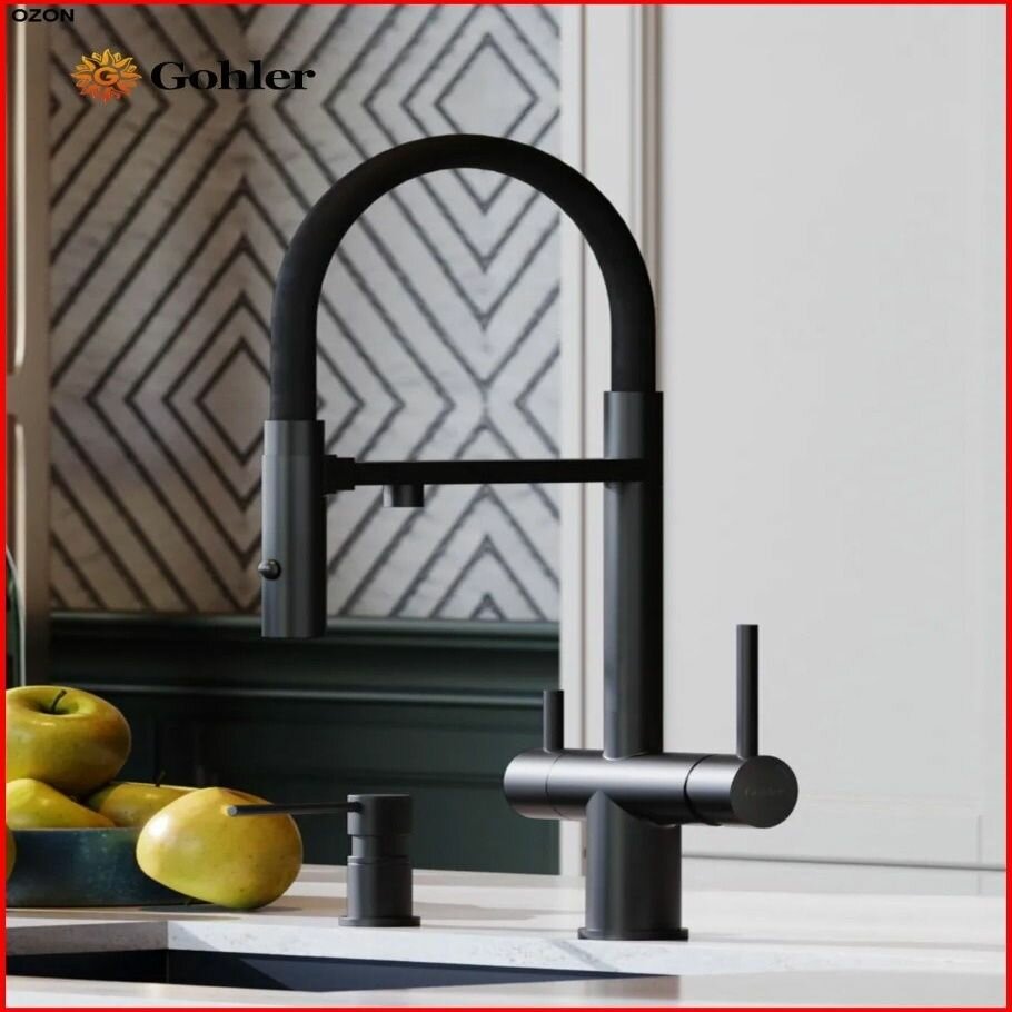 Эксклюзивный кухонный смеситель Gohler G4204B в черном цвете, оснащенный гибким изливом и краном для питьевой воды