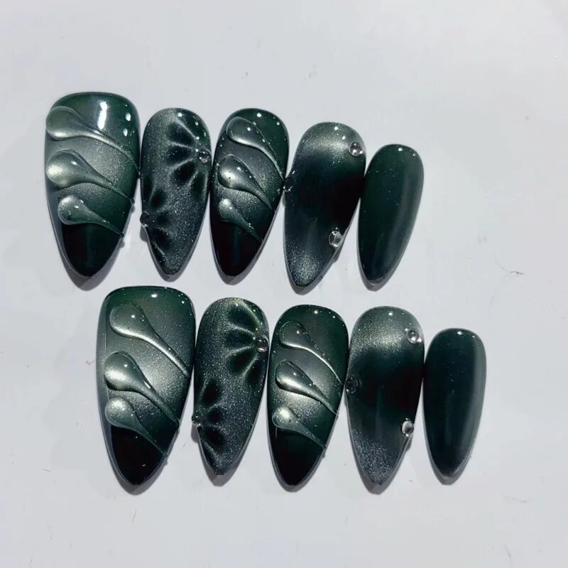 Новинка, 10 шт, носимые миндалевидные ногти INS, черные стереоскопические французские ногти «кошачий глаз», накладные ногти с клеем, 3D жидкие металлические накладные ногти