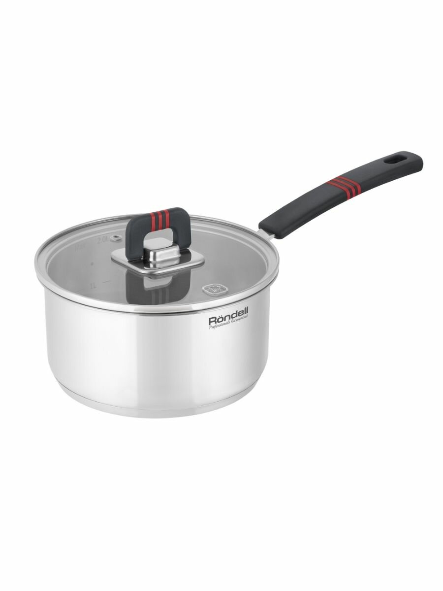 Rondell Ковш 2 л 18 см, Stripes RDS-1635 с крышкой, из нержавеющей стали, с мерной шкалой, для индукционных плит