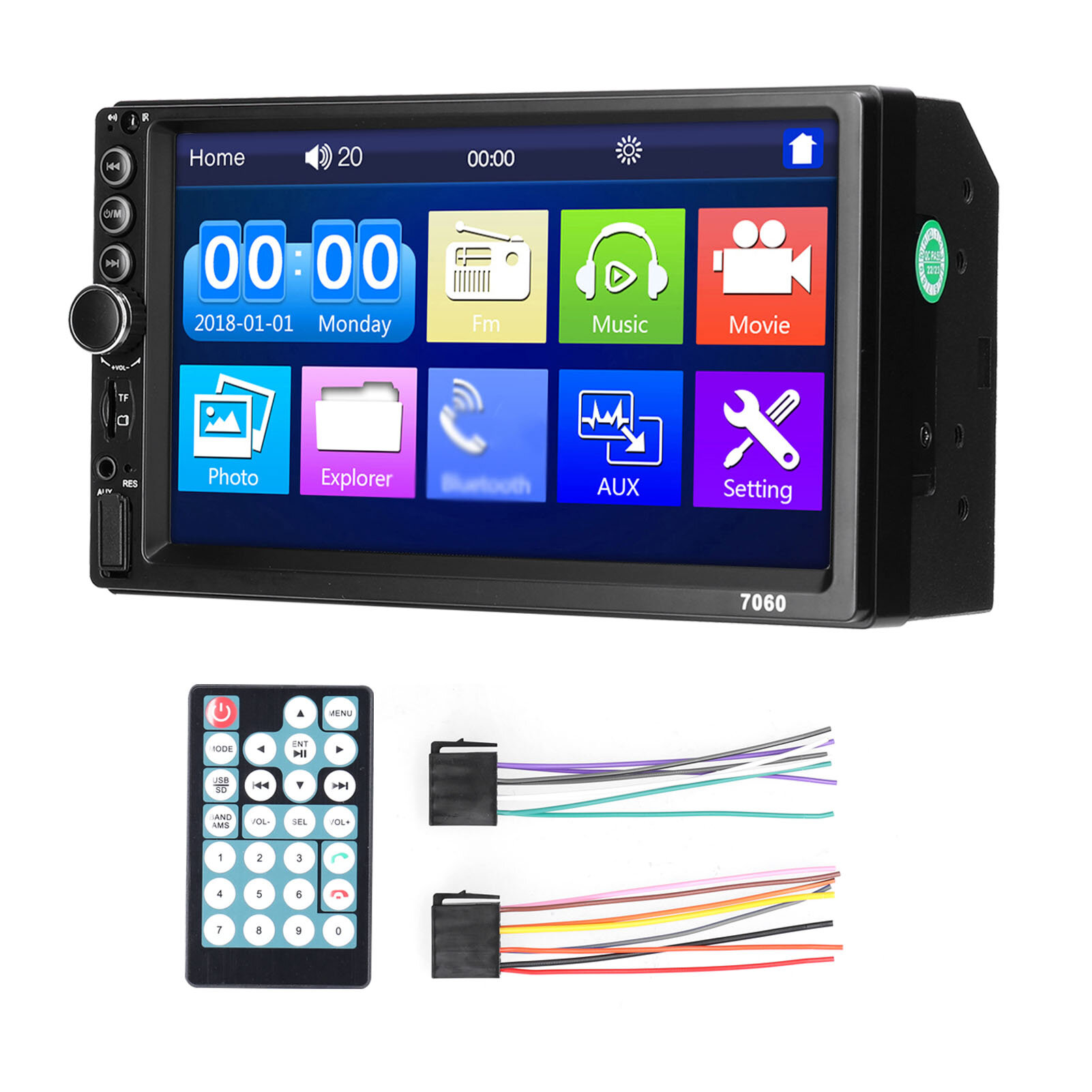 7 Inch Car MP5 Player Double Din Stereo FM Radio BT 5.0 Hands-Free Calling Support TF Card USB AUX-IN Phone Link Reverse Picture Steering Wheel Control 12.0V 60W*4 800*480 178*103*65mm