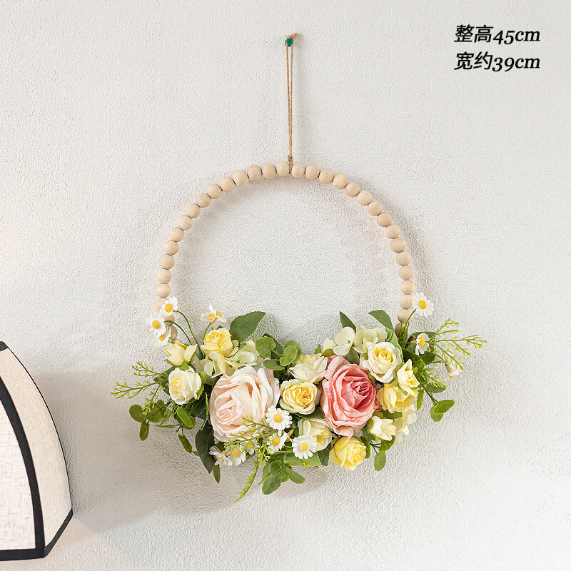 Скандинавский светлый роскошный деревянный венок из бусин, искусственные цветы, свадебные розы, декоративные цветы для стен, настенное украшение для дома, высококачественные декоративные цветы