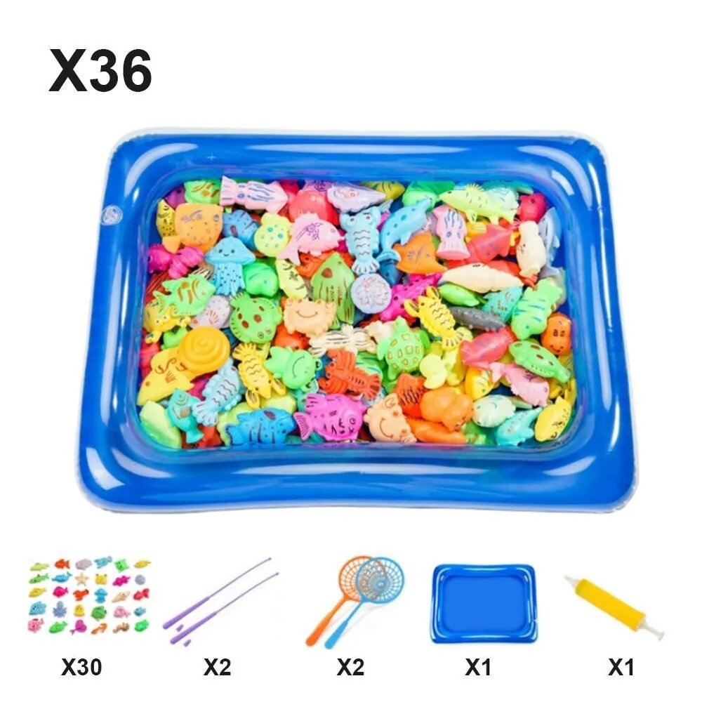 Магнитная рыбалка для детей, игрушки для ванной. Игровой набор для купания из 36 предметов, 2 сачка, 2 удочки, 30 морских животных, 1 надувной бассейн, 1 надувной насос. Подарок для мальчика и девочки