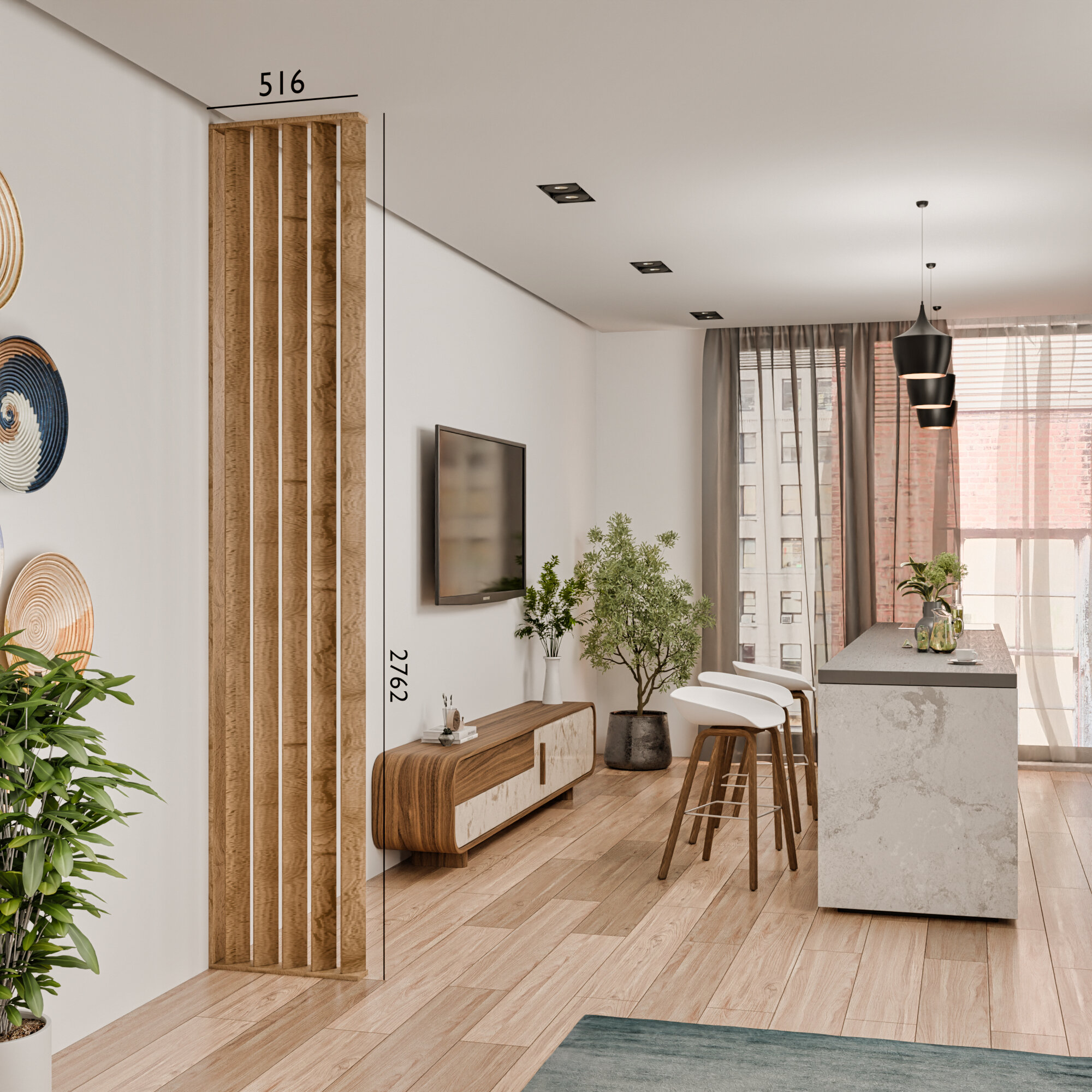 Перегородка из реек для зонирования пространства шириной 52 см, дуб вотан.