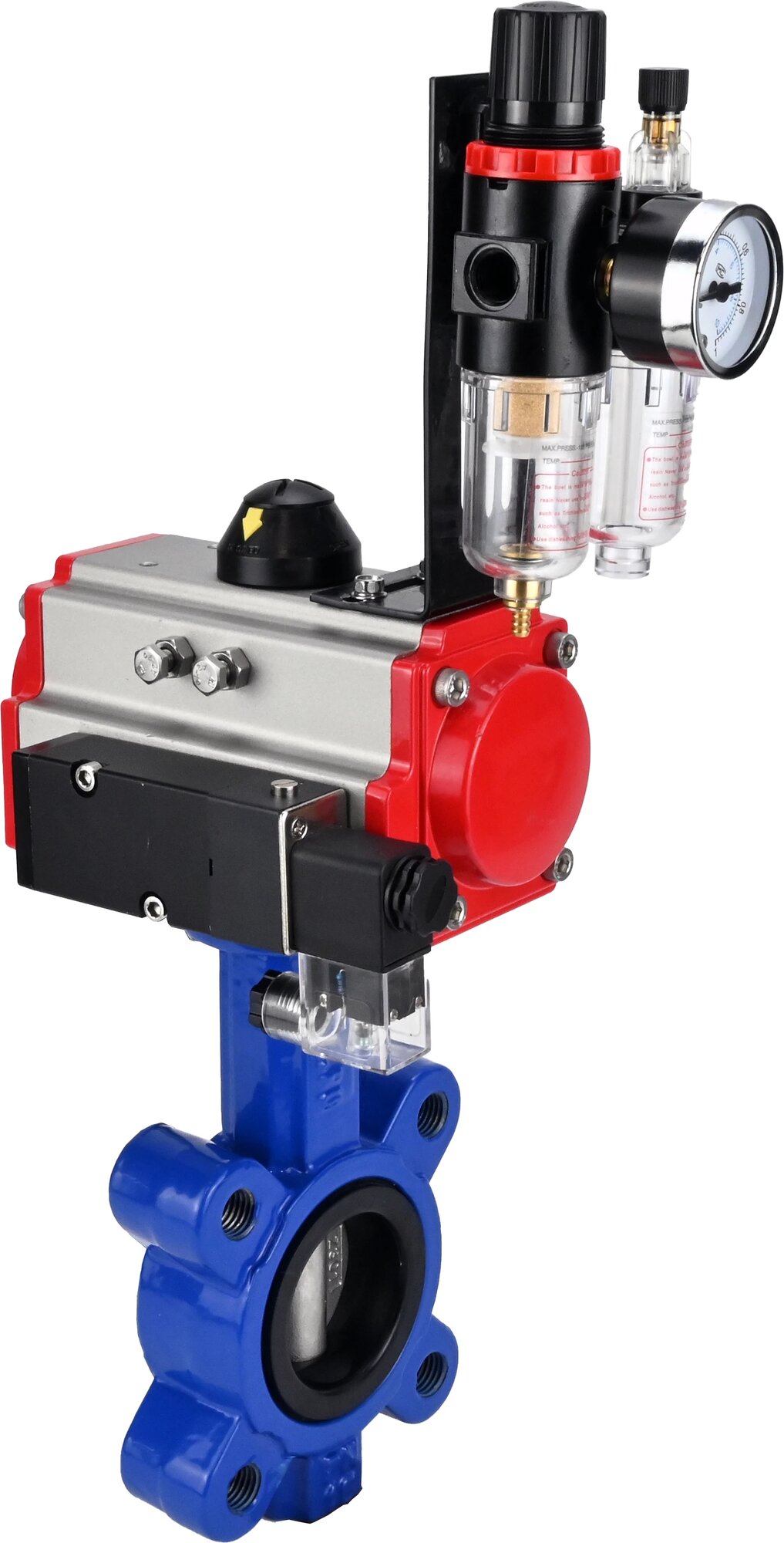 Затвор дисковый поворотный DN. ru QT450-304-NBR-2W-Fb-H Ду100 Ру16 корпус - чугун QT450, диск - нержавеющая сталь 304, уплотнение - NBR, межфланцевый, с пневмоприводом DA-083, пневмораспределителем PND2-S1EM-52-1NC-J08-24VDC и БПВ APU1-10-40-V08