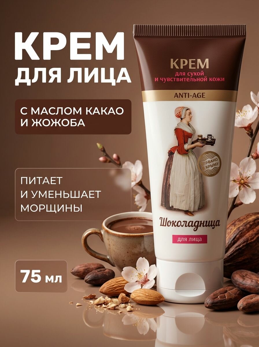 Крем для сухой и чувствительной кожи Шоколадница с маслами какао и жожоба для интенсивного питания и защиты от сухости, 75 мл