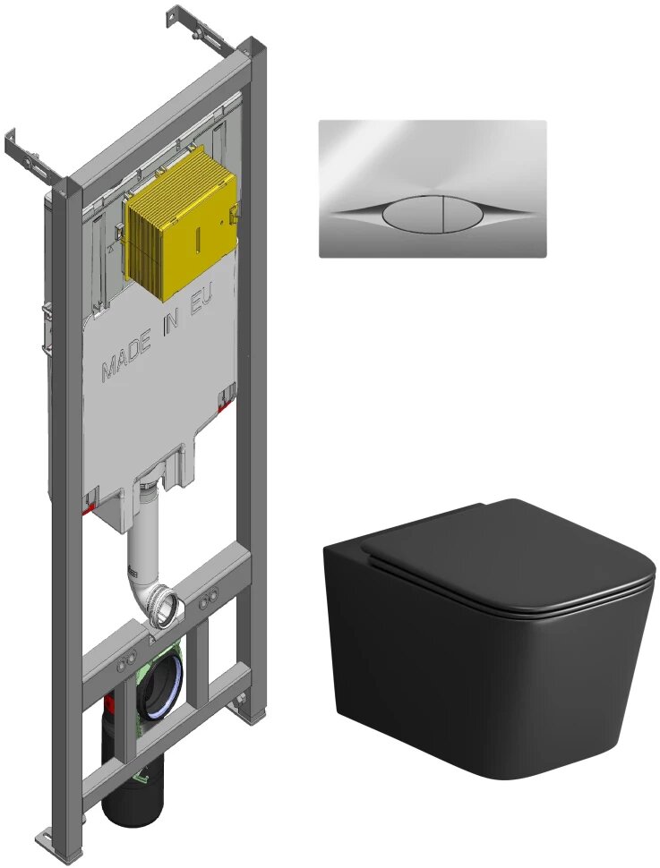 Комплект инсталляция с унитазом Jacob Delafon E21822-CP с кнопкой смыва, хром + унитаз подвесной Grossman GR-4404BMSQ безободковый, торнадо, с сиденьем микролифт, черный матовый
