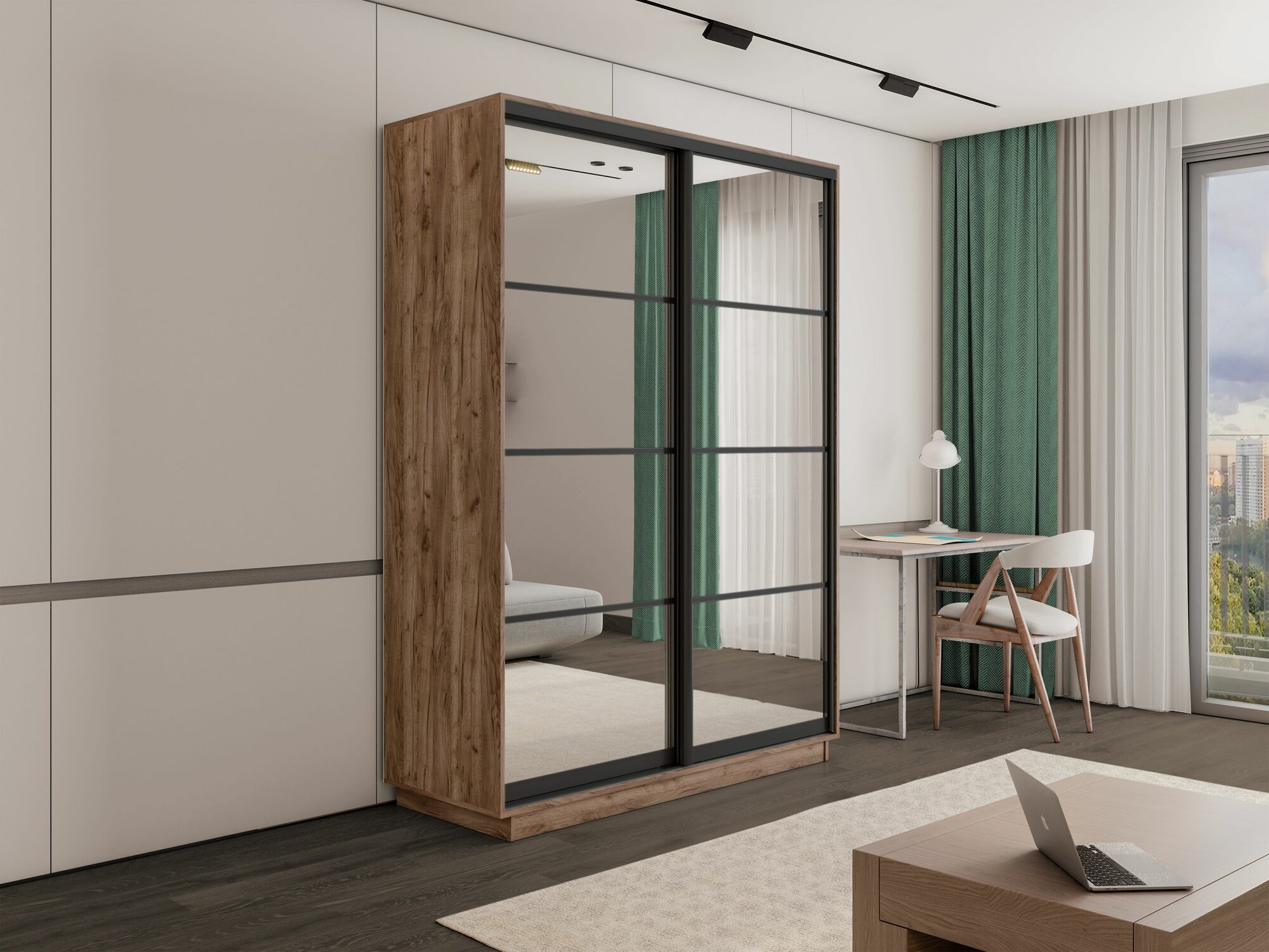 Шкаф-купе Вилли С4 2-х дверный, зеркальные двери, (черный профиль) 120х45х220 см. Крафт табачный