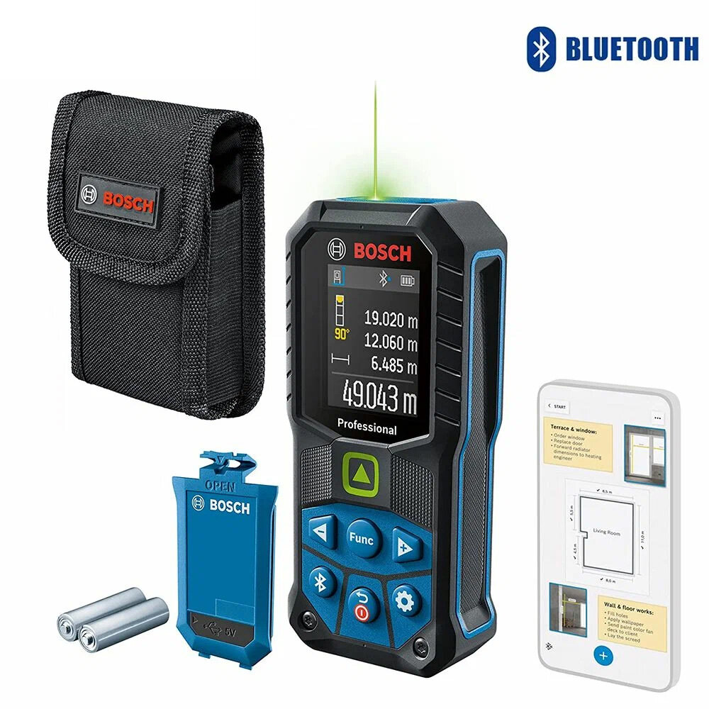 Лазерный дальномер GLM 50-27 CG, подключение Bluetooth, 50 м, 1,5 мм, 1 аккумулятор 3,7 В 1,0 Ач