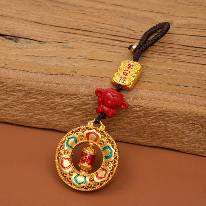 Позолоченный медный брелок для ключей с подвеской-талисманом из киновари в виде знака зодиака, эмалированный