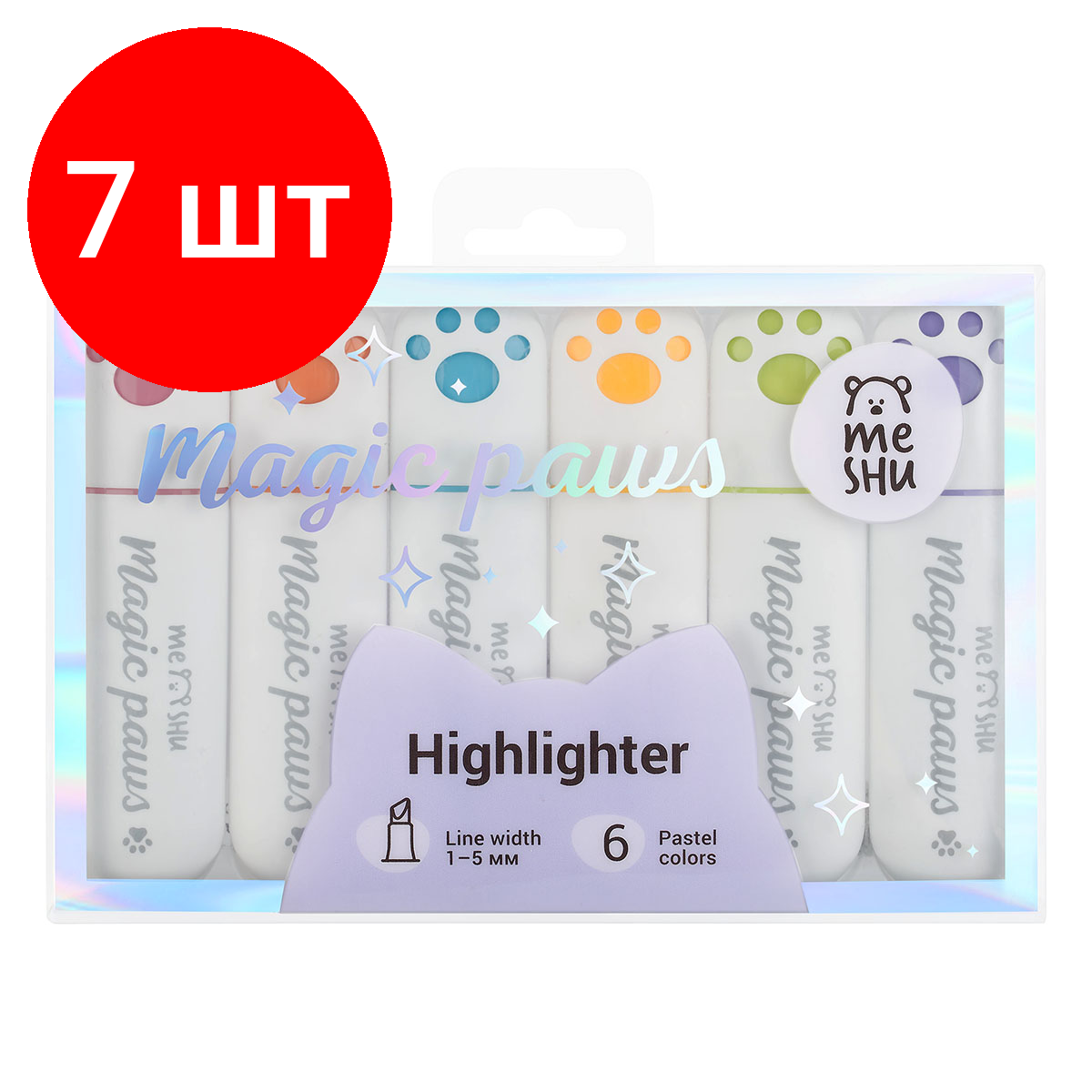 Комплект 7 шт, Набор текстовыделителей MESHU "Cute Paws" 06цв, пастельные цвета, 1-5мм, ПВХ бокс с европодвесом