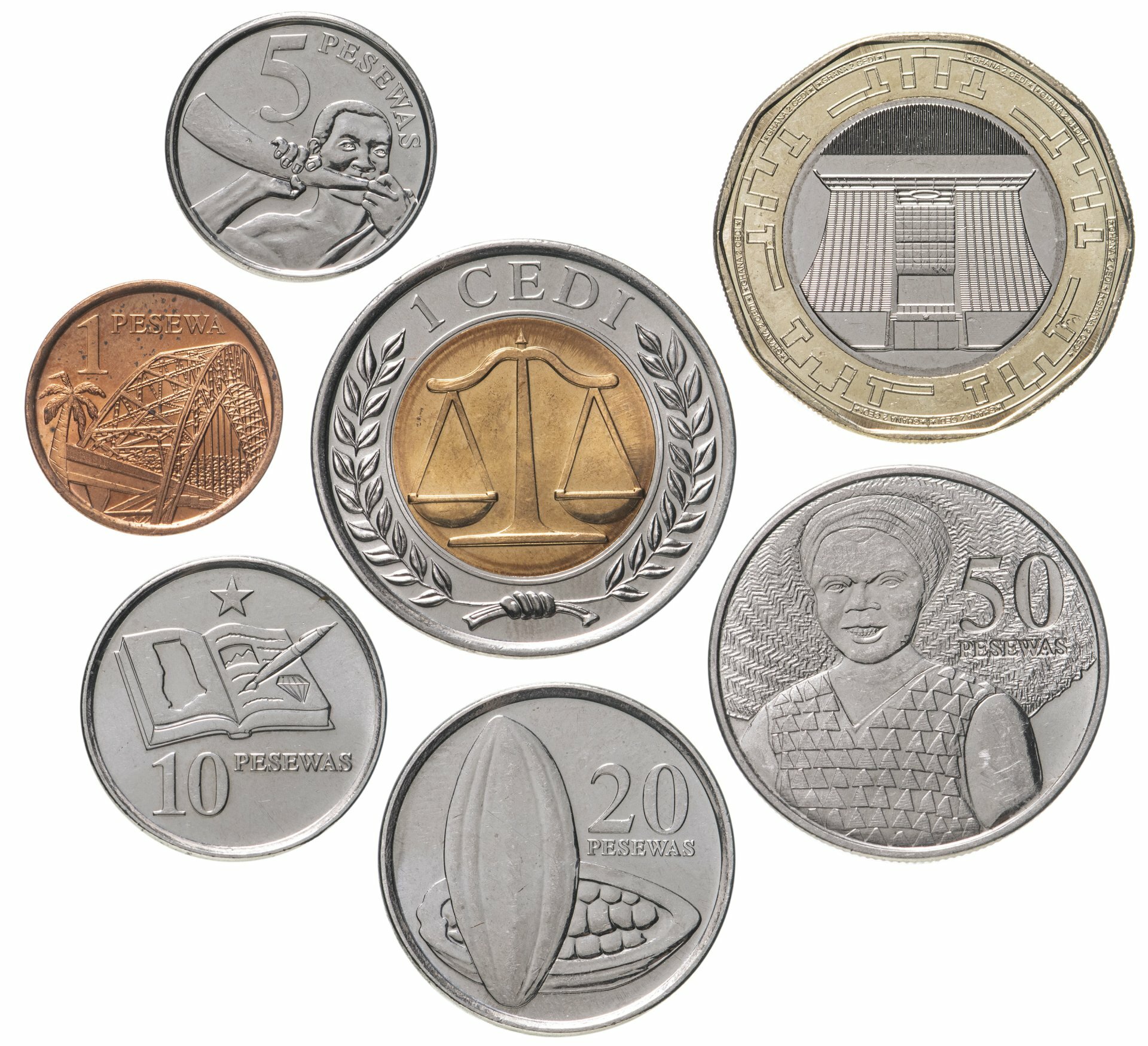 Гана набор 7 монет с юбилейной - 1, 5, 10, 20, 50 песева 1, 2 седи 2007-2019, Другой, в сохранности UNC