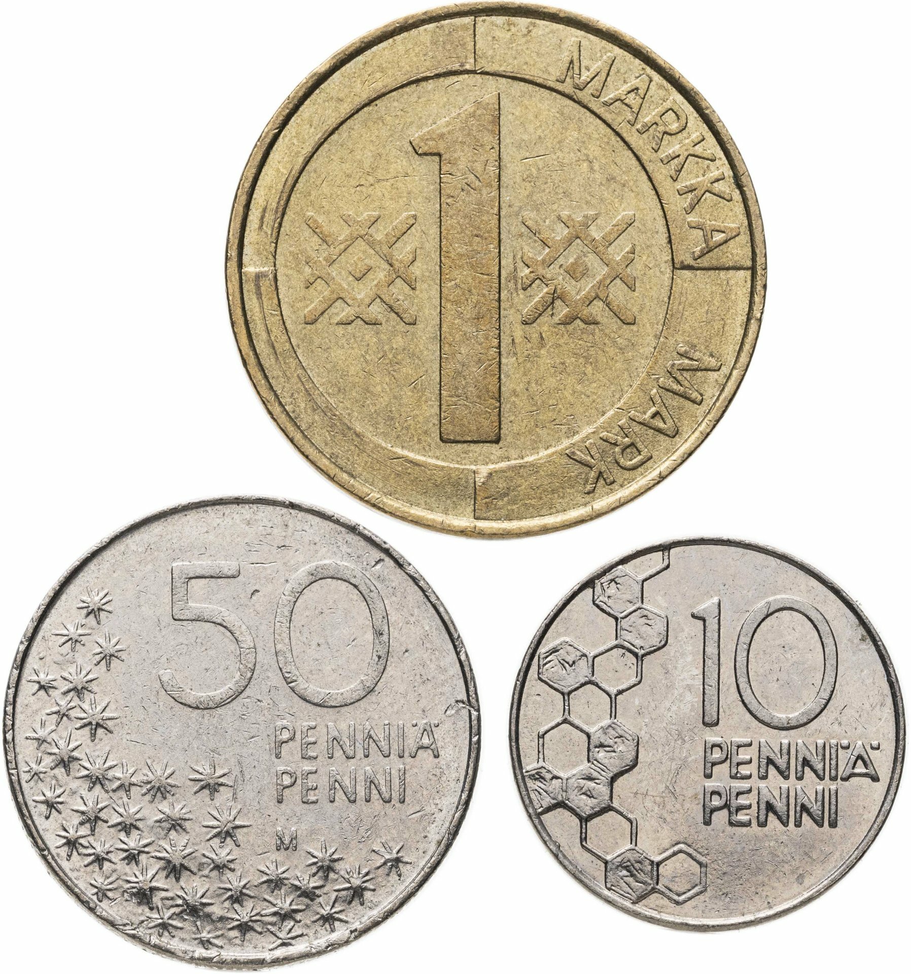 Финляндия, набор из 3х монет 1990-2001, Алюминиевая бронза, Мельхиор, в сохранности VF-XF