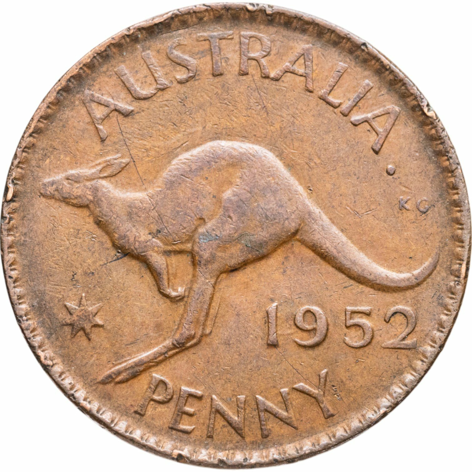 Австралия 1 пенни penny 1952 Точка после "AUSTRALIA" Перт, Бронза, в сохранности VF-XF