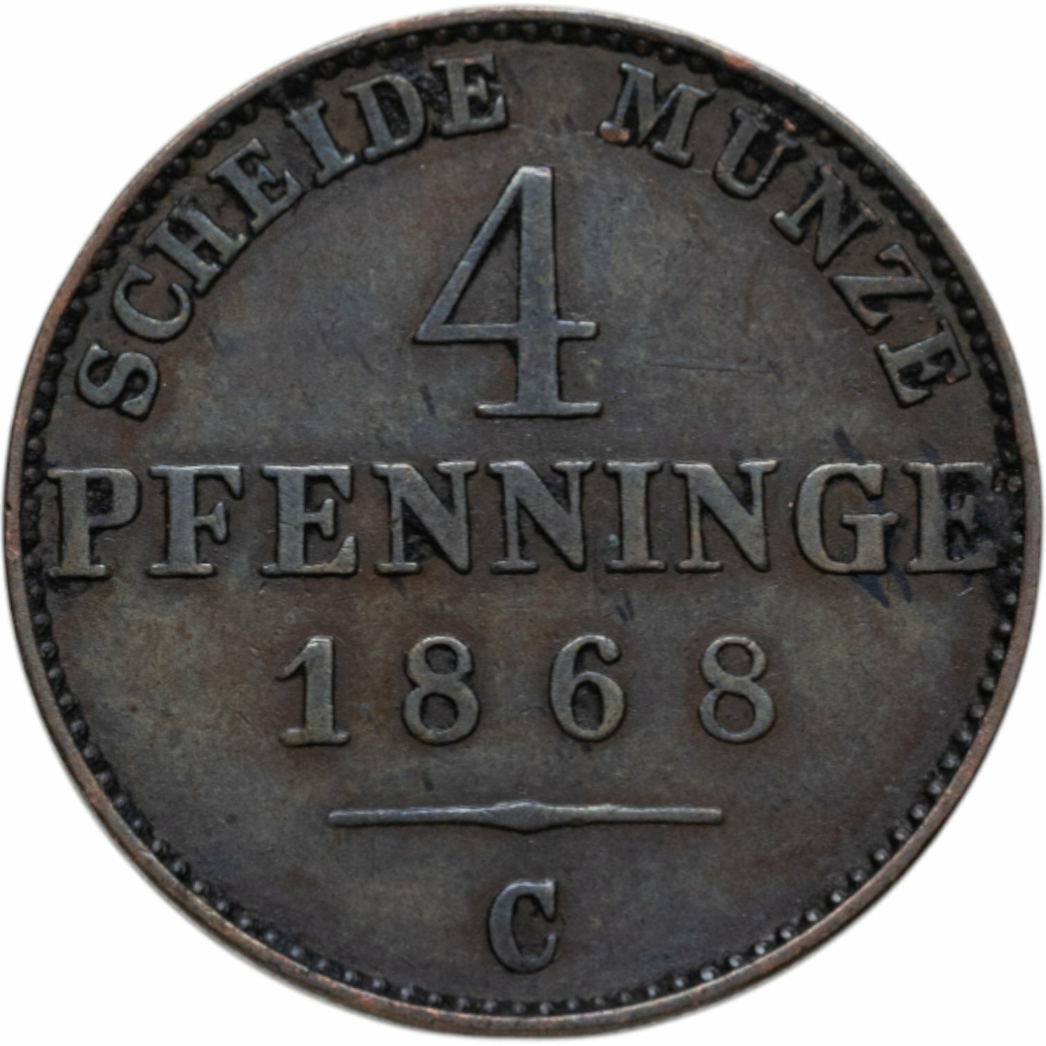 Пруссия 4 пфеннига pfennige 1868 C, Медь, в сохранности XF