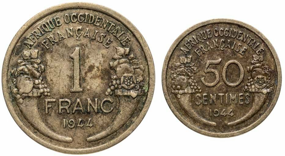 Французская западная Африка полный годовой набор монет 1944 2 штуки, Латунь, в сохранности VF