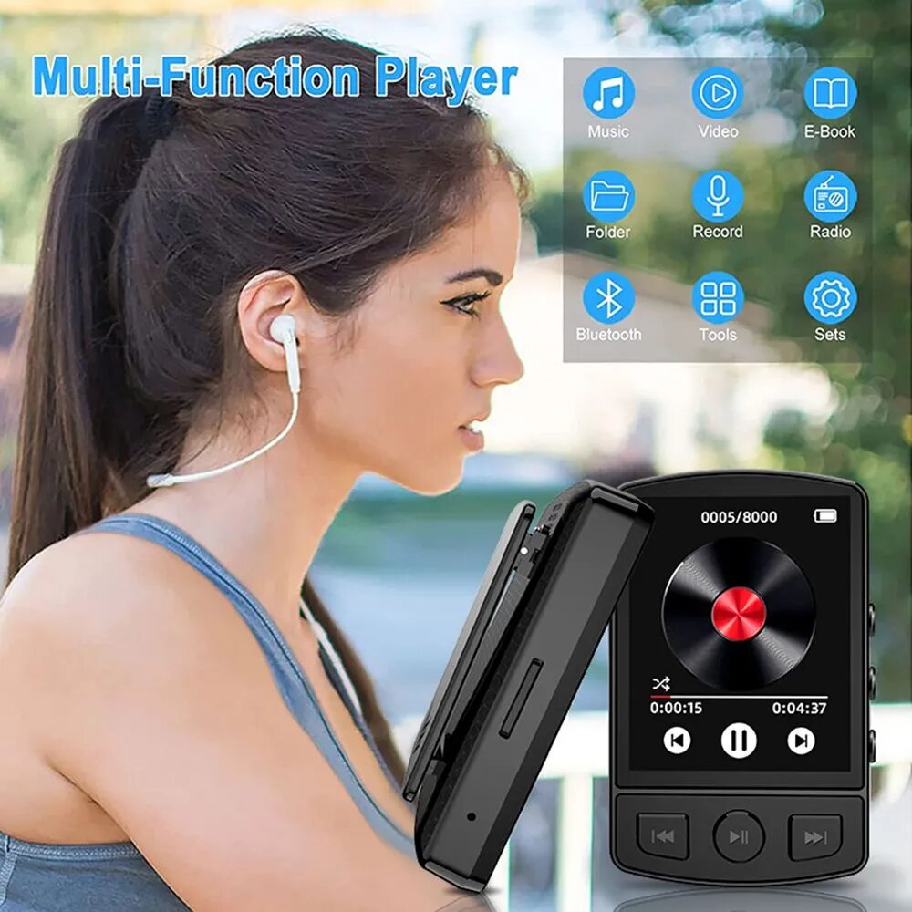 MP3-плеер без диска, черный с Bluetooth и клипсой для спорта — фото 1