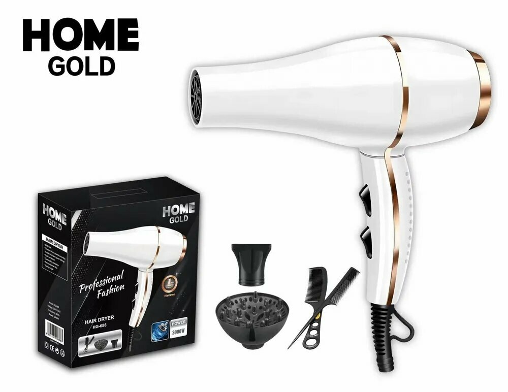HOME GOLD Фен для волос HG-686, кол-во насадок 1, белый