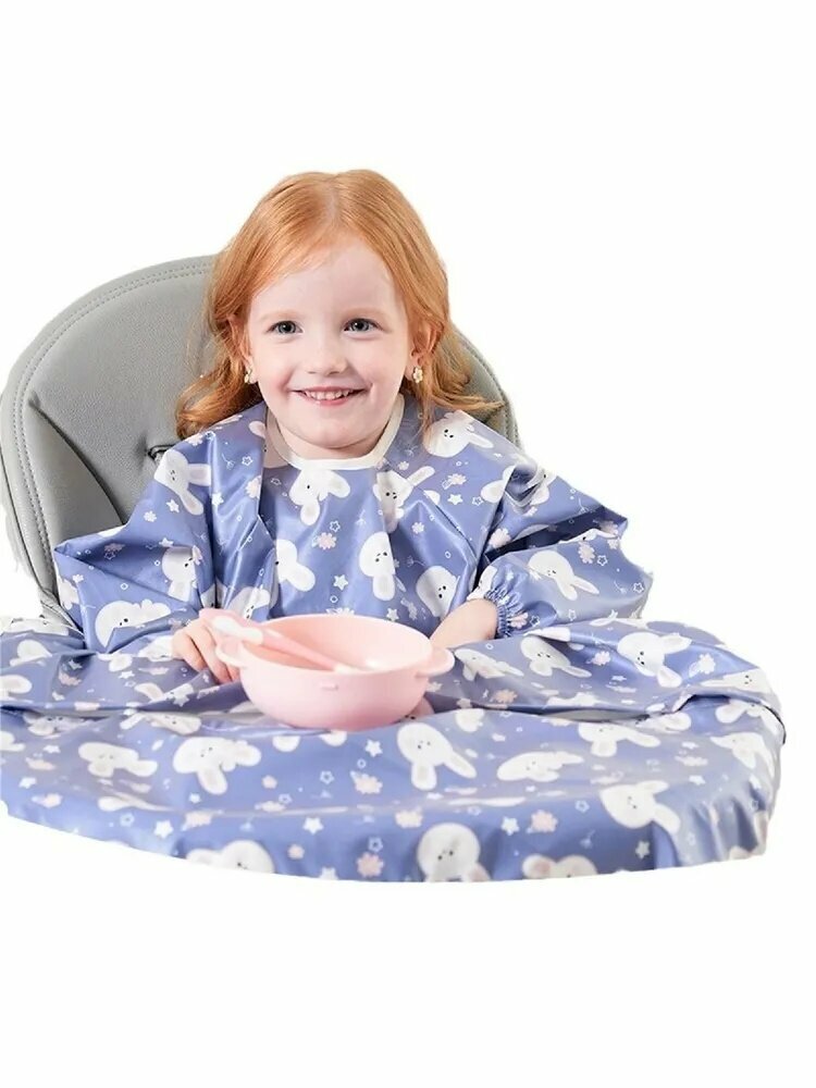 Детский фартук для кормления с интегрированной накидкой на стол, водостойкий и устойчивый к пятнам, подходит для большинства стульчиков, удобен в ношении, синий кролик