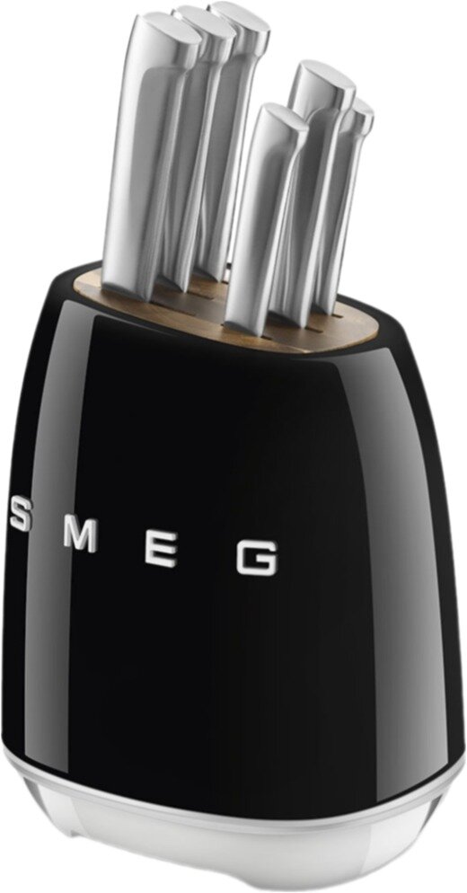 Smeg KBSF02BL Набор ножей 6 предметов с подставкой, черный, ретро-стиль 50-х, сталь, дерево акации