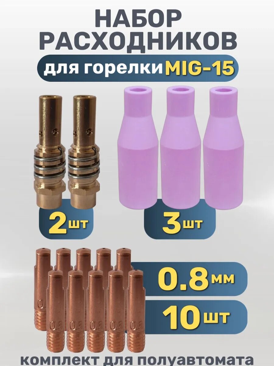 Набор для сварки MIG-15 / сопло керамическое, диффузор газовый, наконечник 0.8 мм на сварочный аппарат полуавтомат