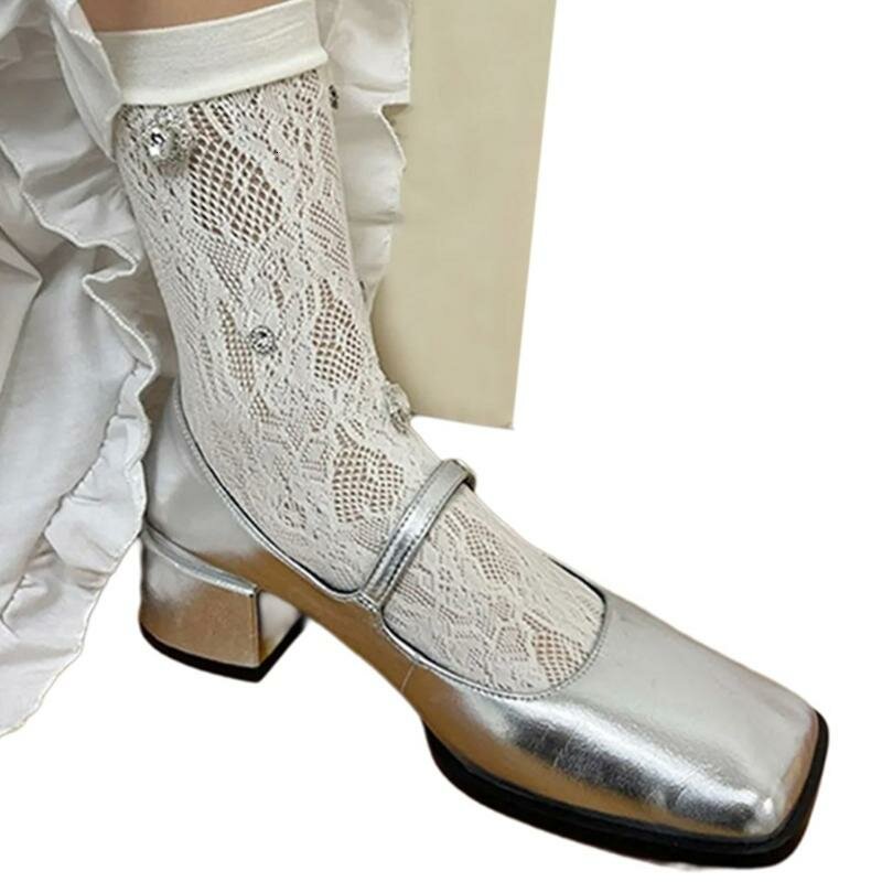 Женские кружевные носки с бусинами, Молочно - белый