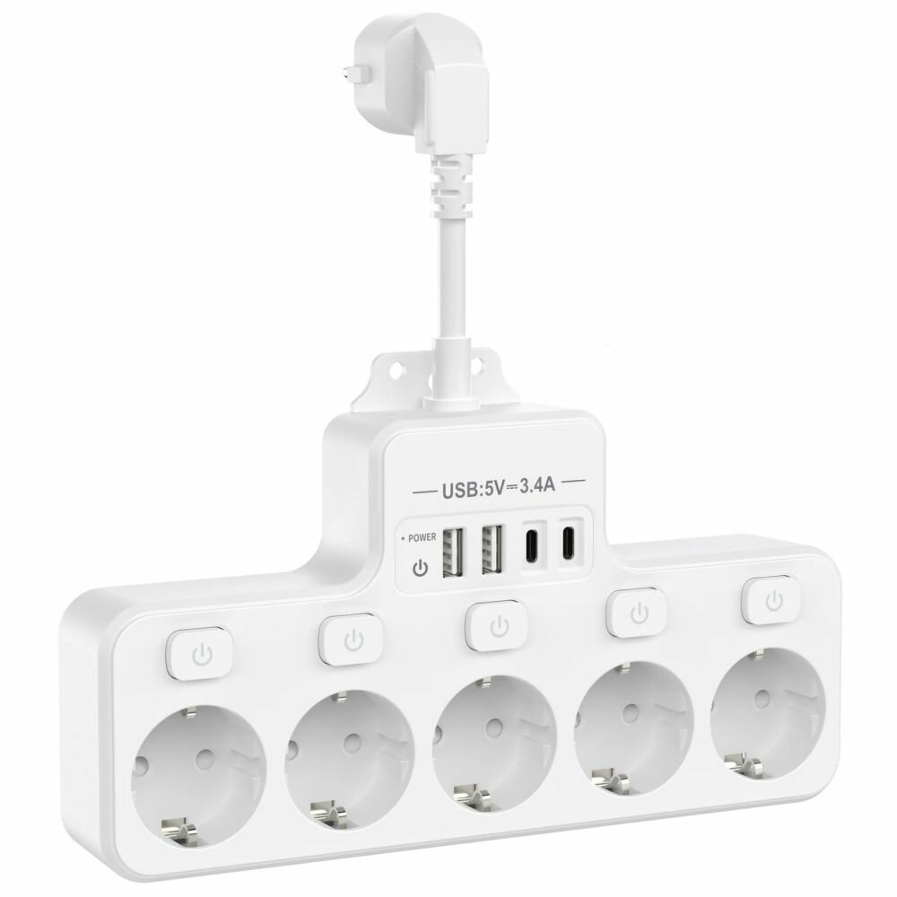 4/5-розеточный сетевой фильтр с многоконтактным разъемом, USB-портом, функцией быстрой зарядки и индивидуальным выключателем, а также розеткой и вилкой для дома.