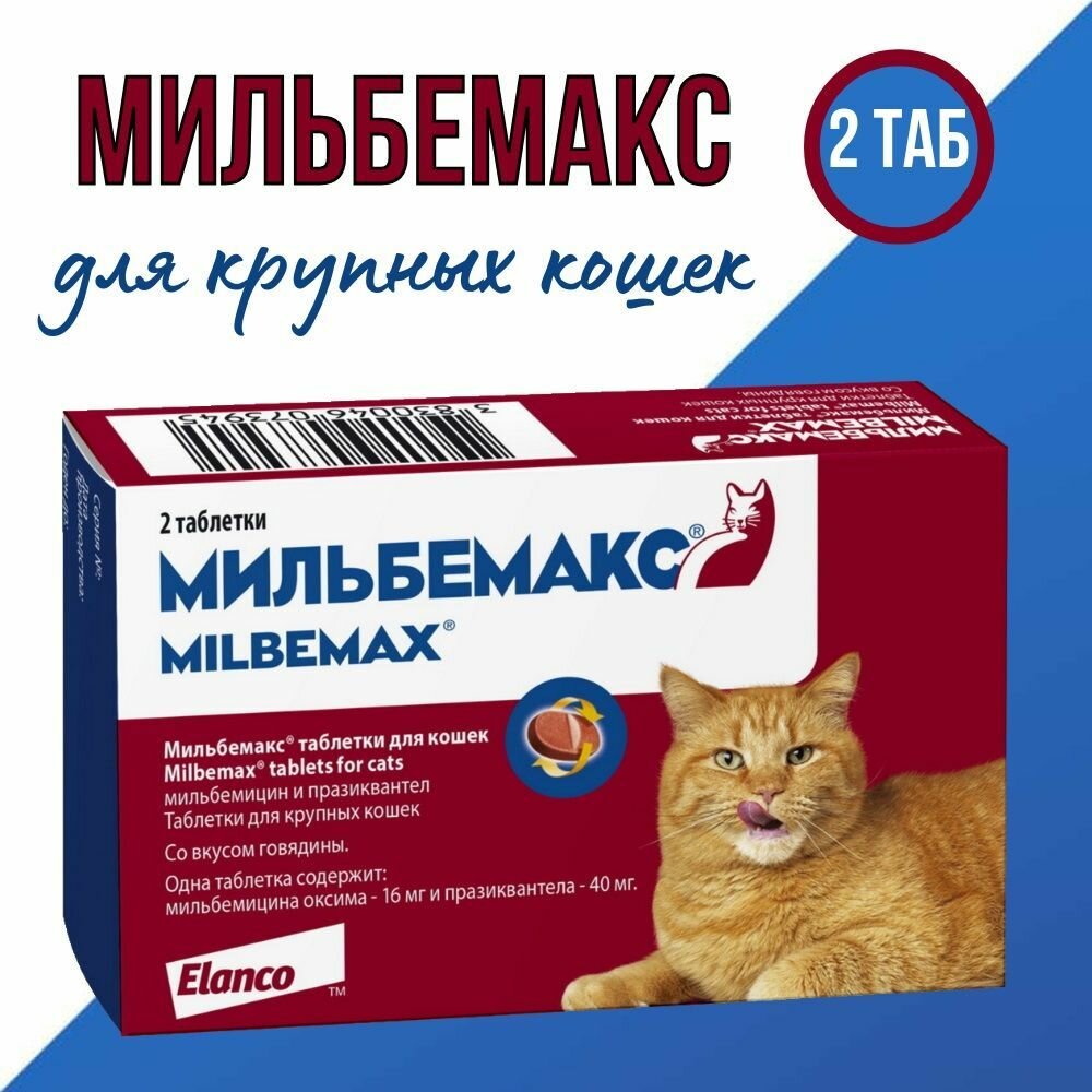 Мильбемакс для крупных кошек, 2 таблетки, срок годности до 05/2028г