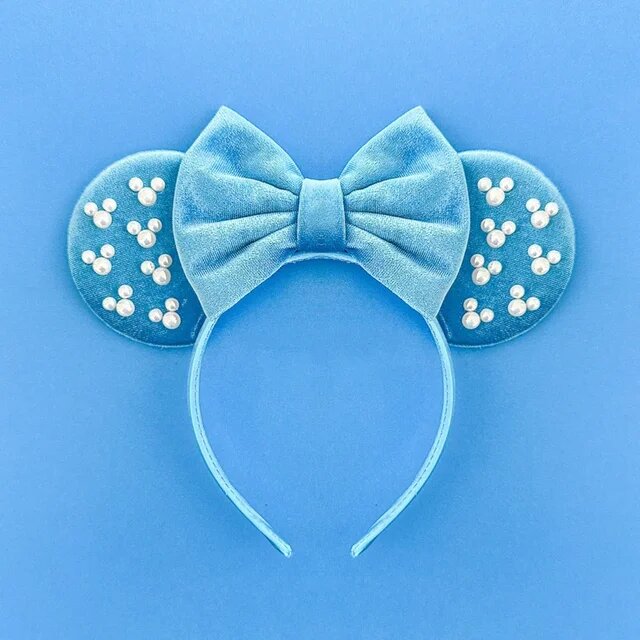 Повязка на голову Disney с белыми жемчужинами и ушками Микки Мауса, женское красочное украшение для волос из мягкого хлопка с бантиком, повязка на голову для девочки с Минни Маус, детский подарок.