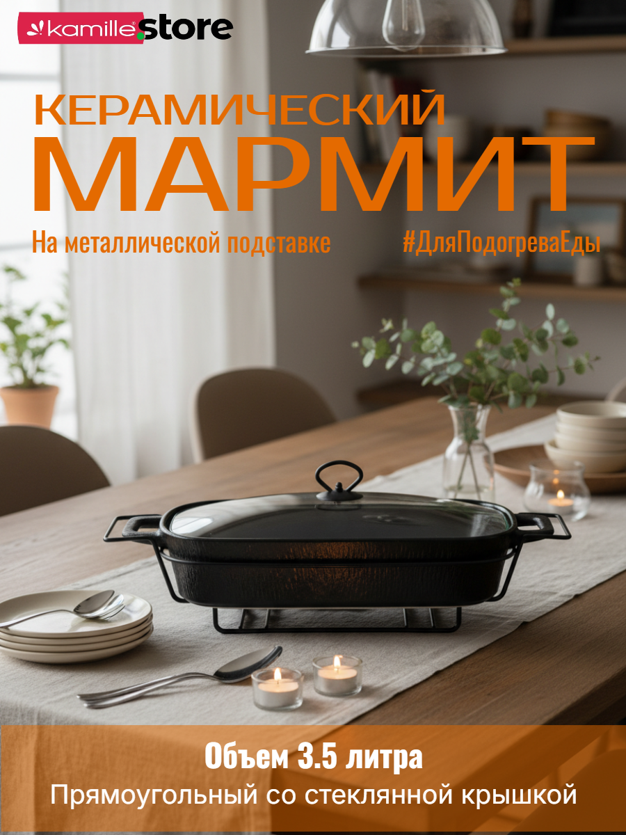 Мармит керамический 3,5 л. прямоугольный Kamille KM 6429 подставка на 2 свечи (черный)