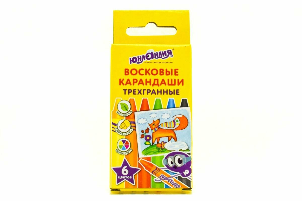 Восковые карандаши 6цв. трехгранные "Юнландик и мудрый лис" (юнландия)