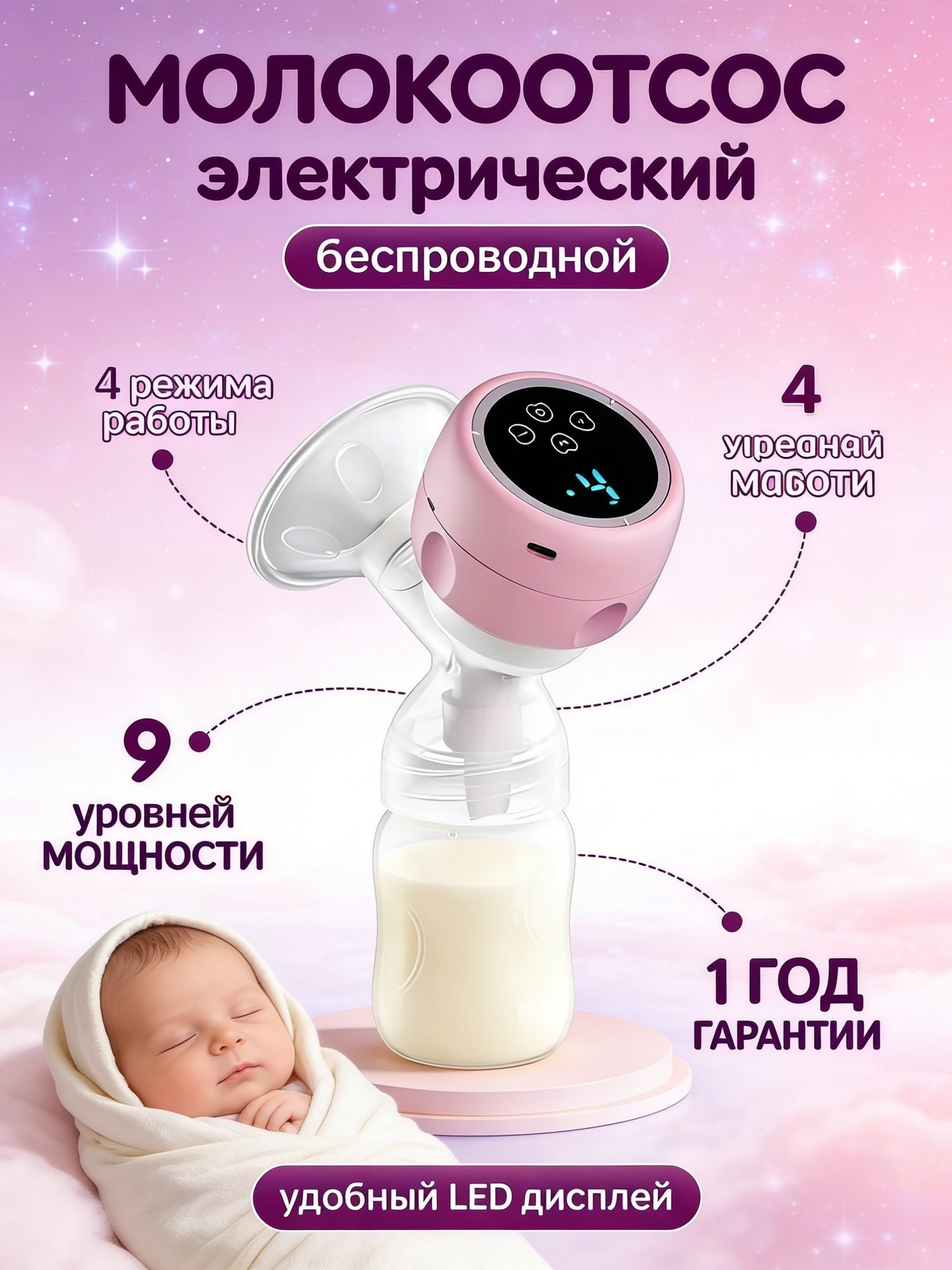 Молокоотсос электрический портативный для кормления малыша с бутылочкой и соской