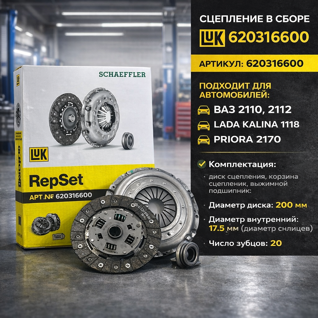 Сцепление в сборе LUK 620316600 ВАЗ 2110 2112, Lada Kalina 1118, Priora 2170