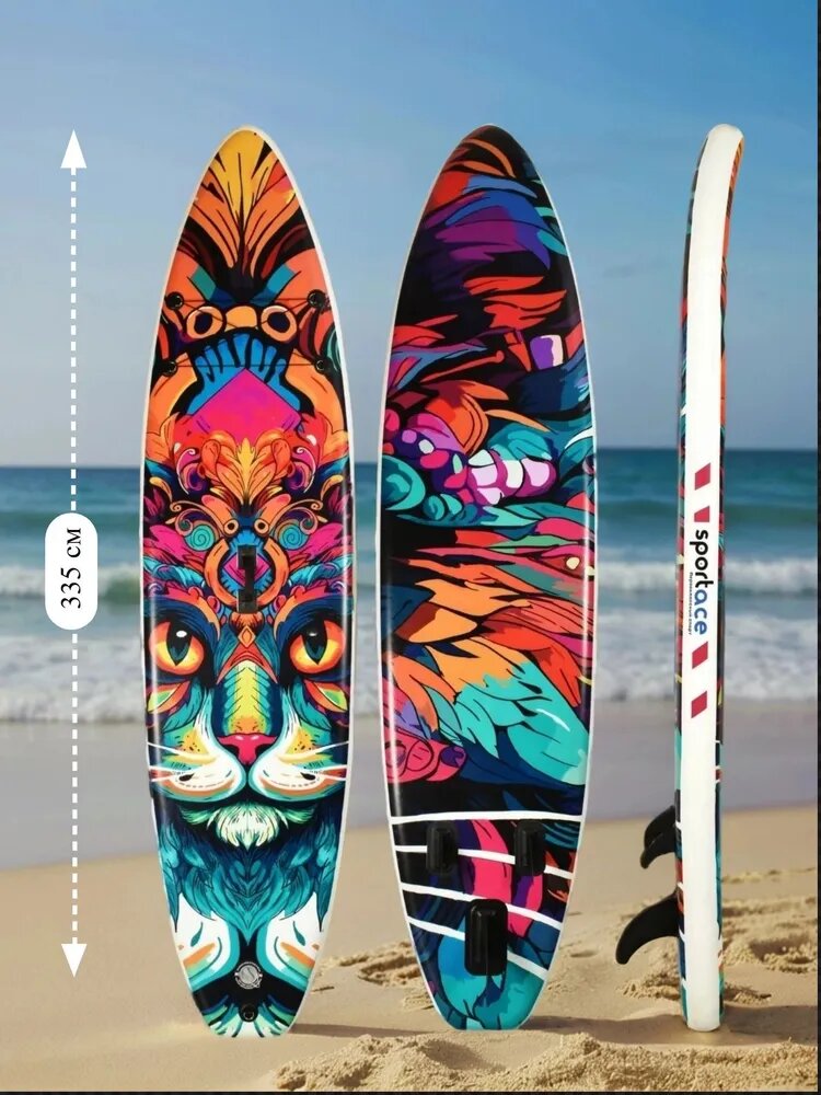 Сапборд Sportace "Quantum Whisper", 3D Tech Pad, 3 съемных плавника, рюкзак, весло, насос - 335х85х15 см