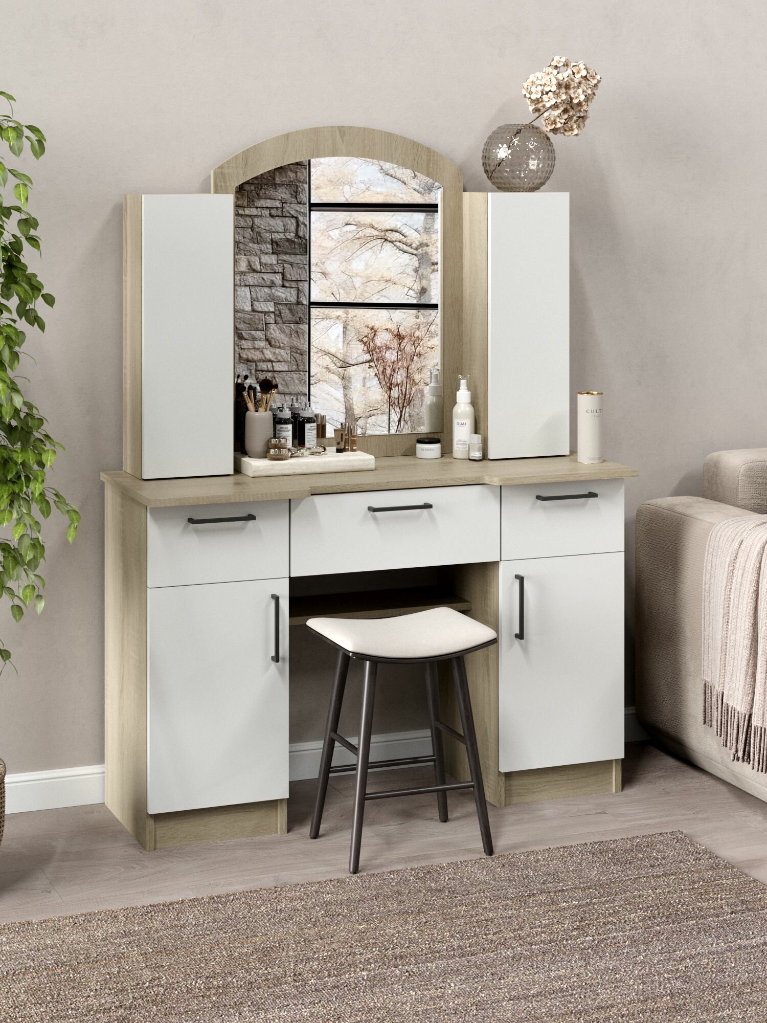 InHouse Туалетный столик КМ-18 Сонома/Белый 110х40х147, фасады ЛДСП