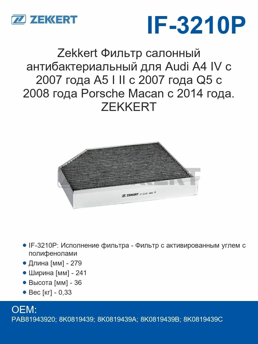 Zekkert Фильтр салонный антибактериальный для Audi A4 IV с 2007 года A5 I II с 2007 года Q5 с 2008 года Porsche Macan с 2014 года. ZEKKERT