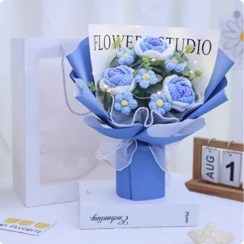 Готовый продукт вязаного букета из пряжи с подсолнухами, ручная работа, интернет-знаменитость, плетеная роза, цветок на День учителя, выпускной, вечный цветок