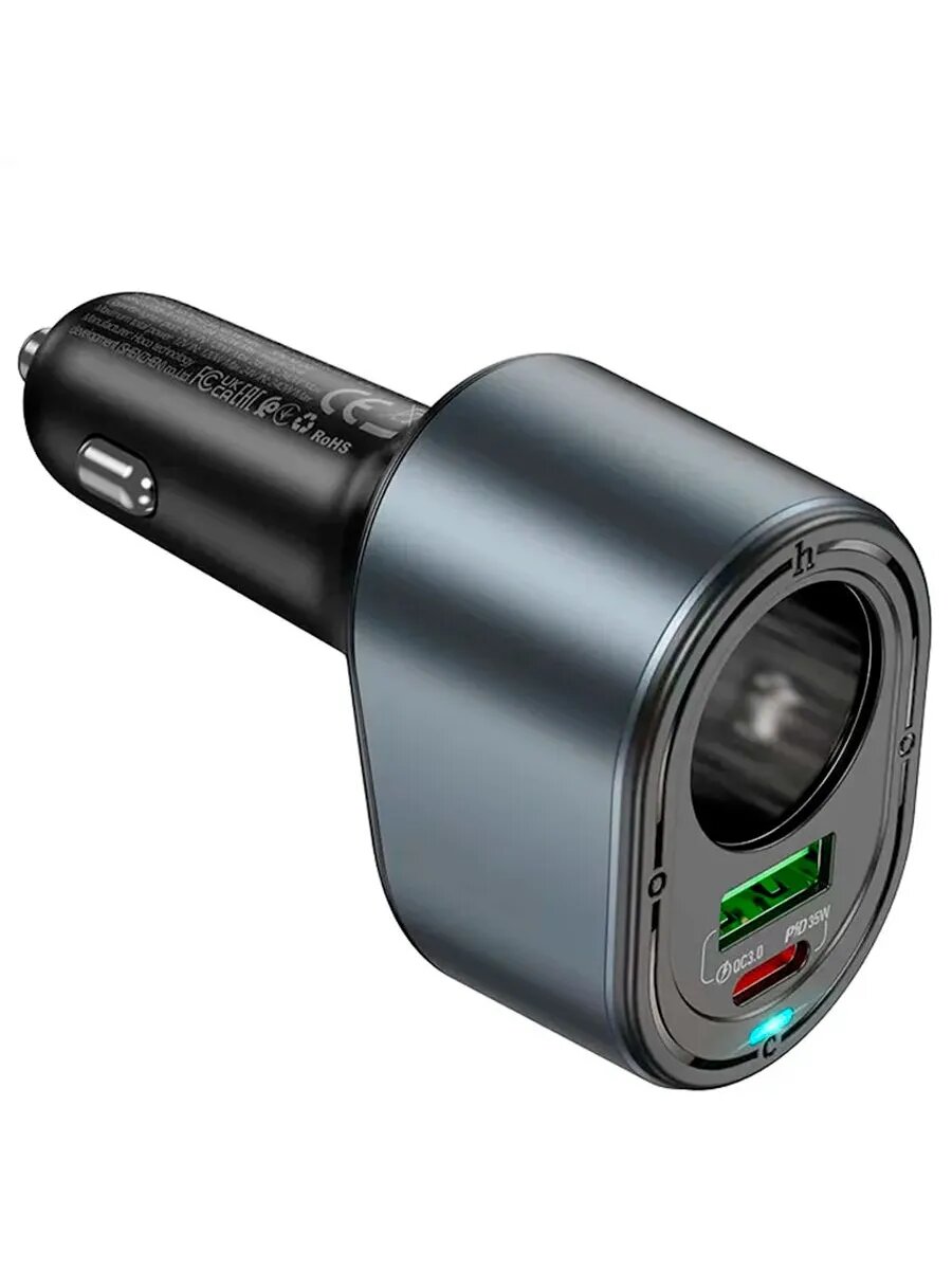 Автомобильное зарядное устройство Hoco Z56 PD35W Type-C + QC3.0 USB + гнездо, черный / быстрая зарядка в прикуриватель