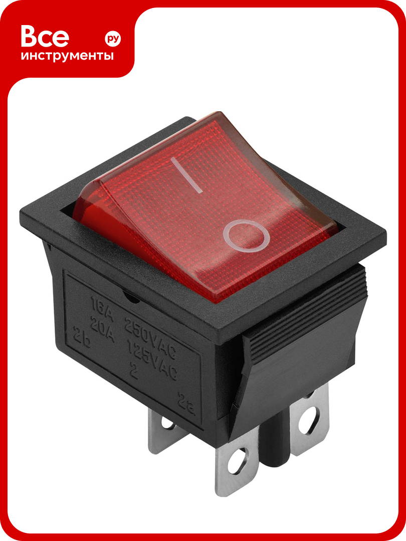 Клавишный выключатель duwi красный с подсветкой 4 контакта, 250В, 16А, вкл-выкл тип
