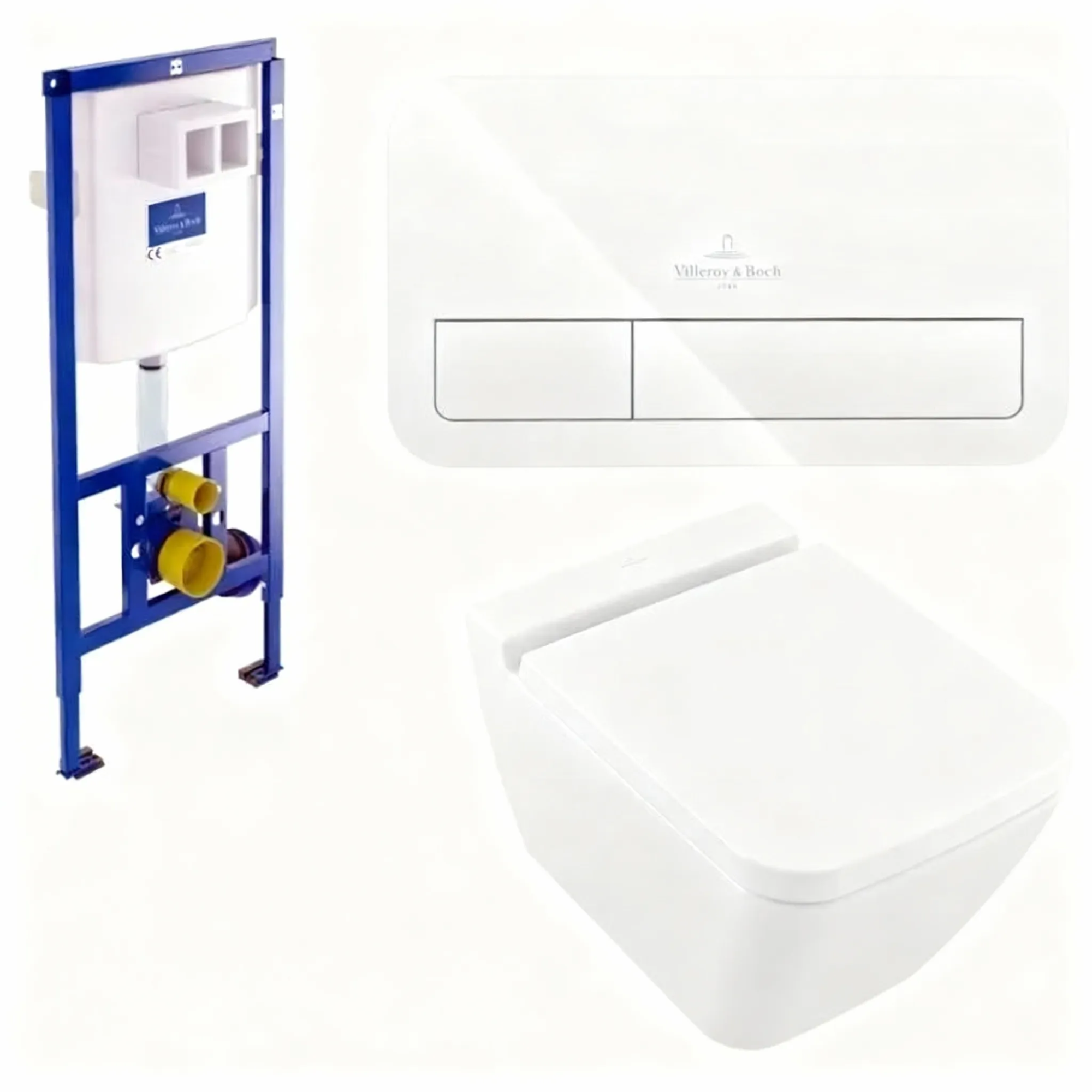 Комплект Villeroy & Boch FINION 4664R0R1 + 92246100 + 92249068 + 9M88S1R1: Унитаз подвесной, Сиденье, Инсталляция, Клавиша белая