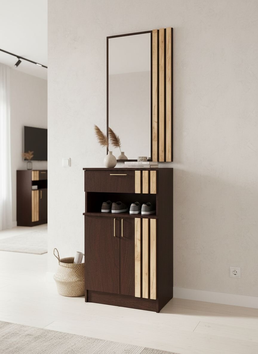 Тумба ARNIKA Кано, ЛДСП, с зеркалом, универсальная, цвет венге, дуб крафт золотой