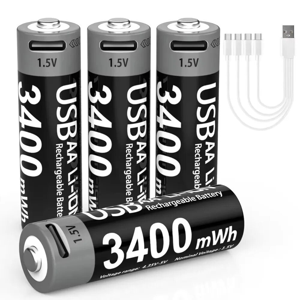 Литиевые батарейки АА 1,5В 3400 mWh Type-C 4 шт.