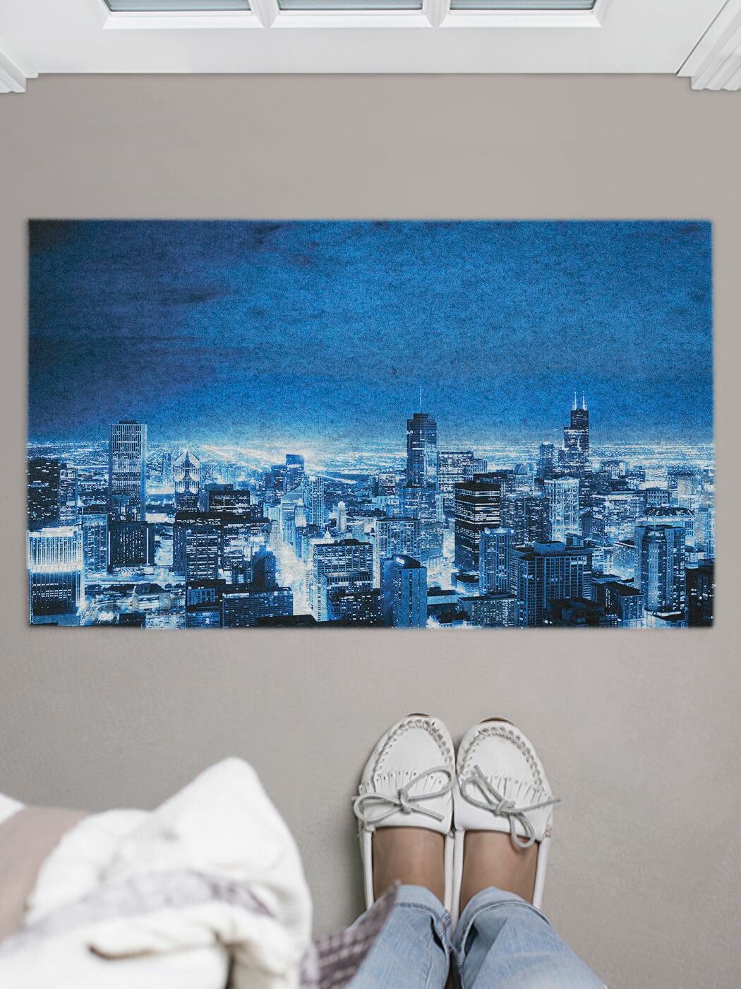 Коврик придверный в прихожую с принтом "Ночной город" 45x75 см , JoyArty