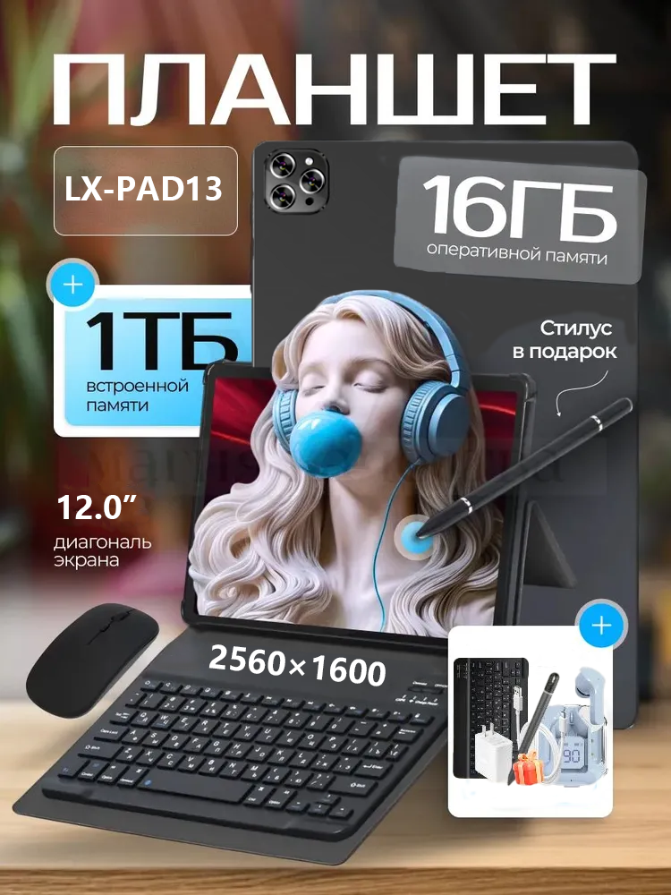 Планшет 12 дюймов 2.5K с поддержкой стилуса, 16 ГБ ОЗУ, 1 ТБ, Android 15, 5G