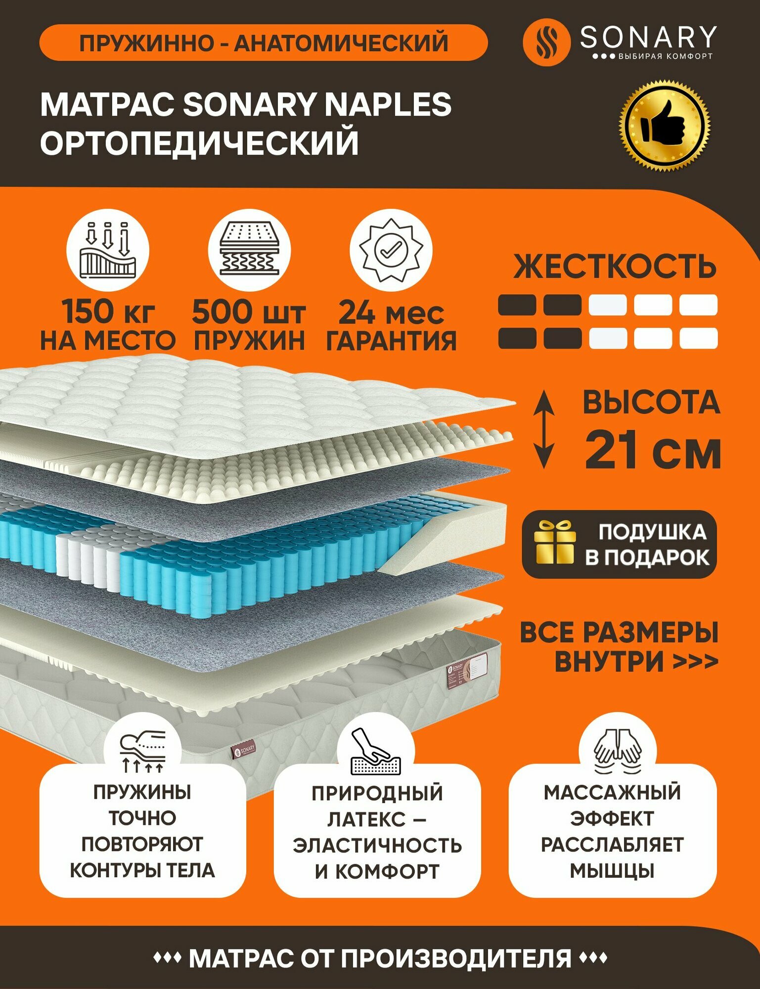 Матрас Sonary Naples 80х175 серии Zone высота 21 см анатомический средней жесткости латексный Независимые пружины