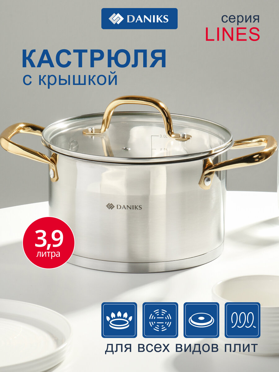 Кастрюля Daniks Лайнс 3.9 л, нержавеющая сталь, стеклянная крышка, индукция, диаметр 22 см, модель SD-072-20
